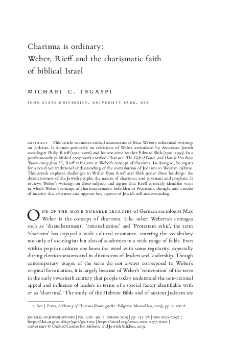 (PDF) Charisma is ordinary: Weber, Rieff and the charismatic faith of ...