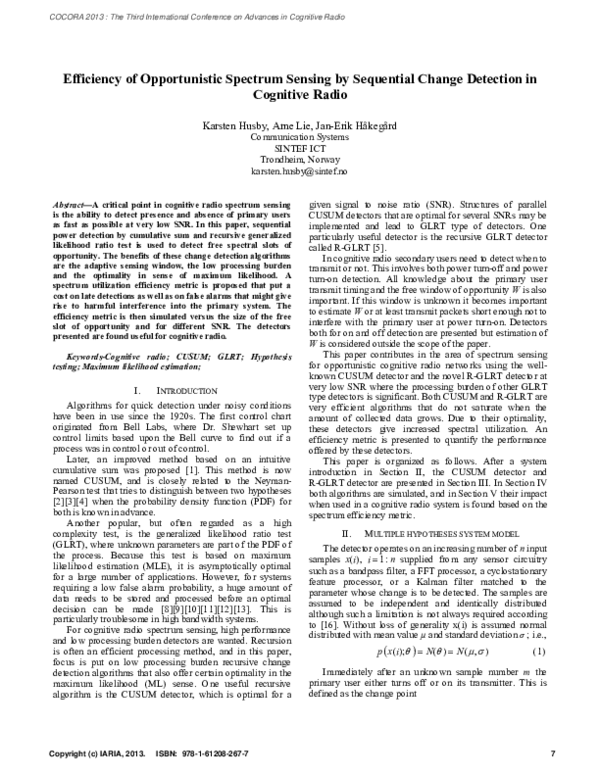 (PDF) Efficiency of Opportunistic Spectrum Sensing by Sequential Change Detection in Cognitive Radio