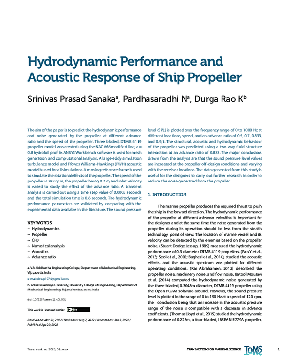 (PDF) Hydrodynamic Performance and Acoustic Response of Ship Propeller