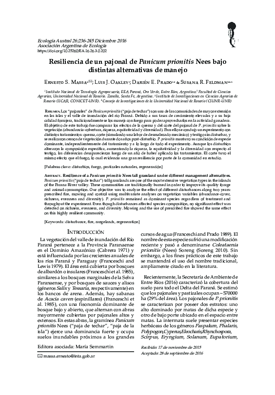 (PDF) Resiliencia de un pajonal de Panicum prionitis Nees bajo ...