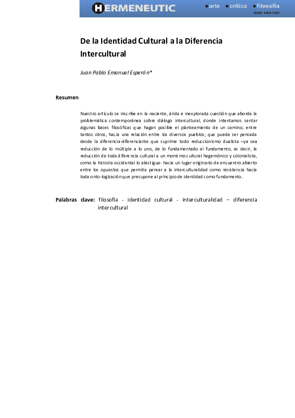 (PDF) De la Identidad Cultural a la Diferencia Intercultural