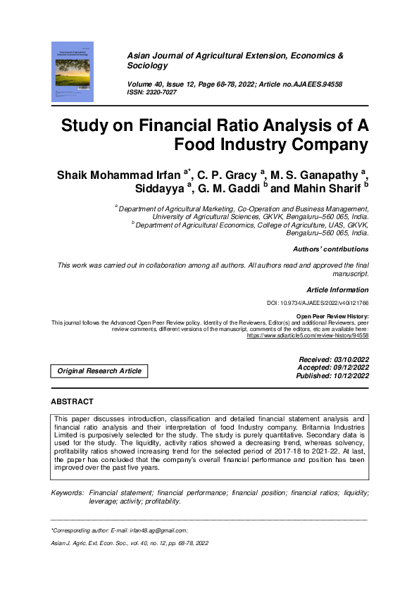 (PDF) Study on Financial Ratio Analysis of A Food Industry Company
