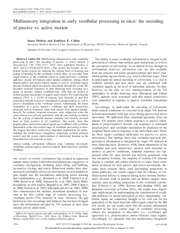 (PDF) Multisensory integration in early vestibular processing in mice: the encoding of passive ...