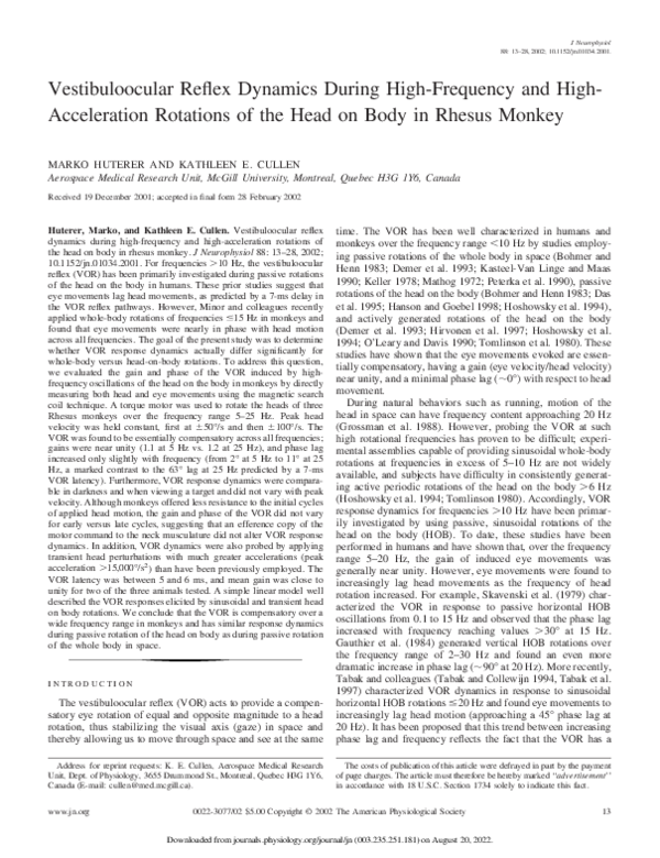 (PDF) Vestibuloocular Reflex Dynamics During High-Frequency and High-Acceleration Rotations of ...