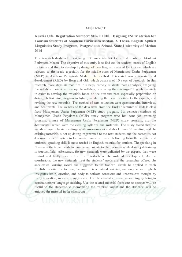 (PDF) Designing Esp Materials for Tourism Students of Akademi ...