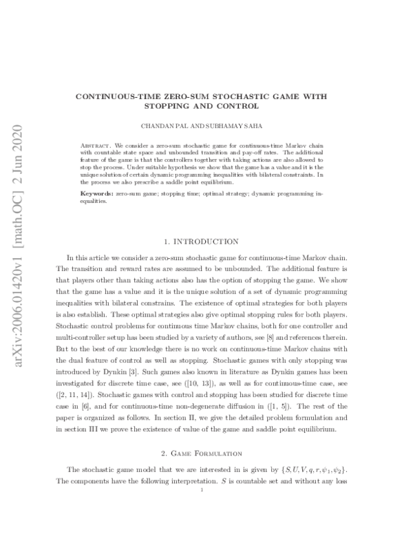 Pdf Continuous Time Zero Sum Stochastic Game With Stopping And Control