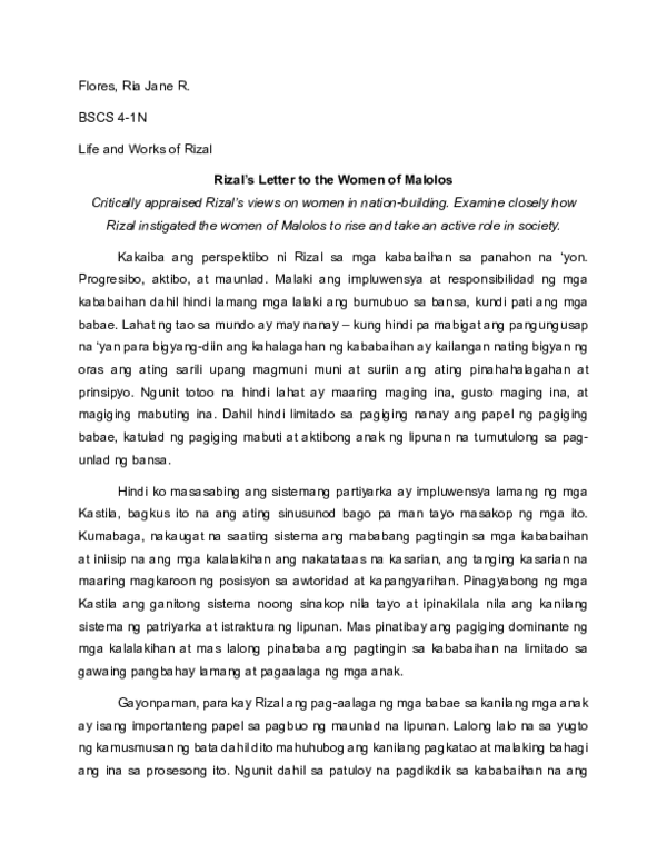 (PDF) Rizal's Letter to the Women of Malolos