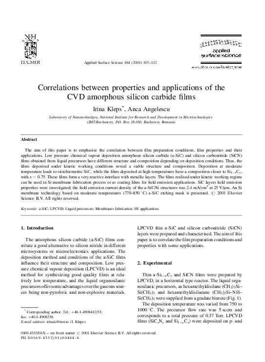 (PDF) Correlations between properties and applications of the CVD amorphous silicon carbide films