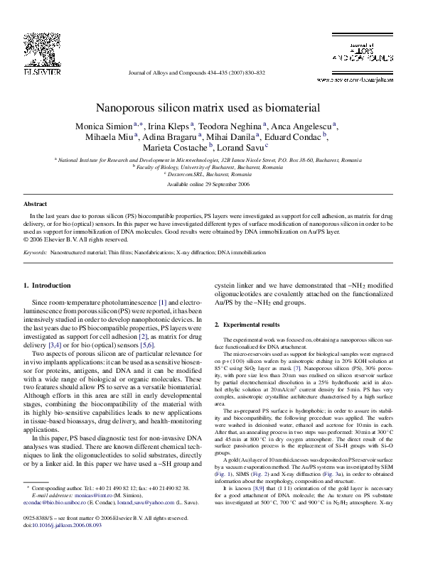 (PDF) Nanoporous silicon matrix used as biomaterial