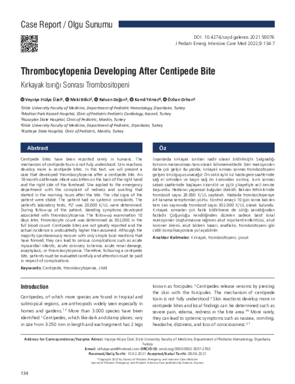 (PDF) Thrombocytopenia Developing After Centipede Bite