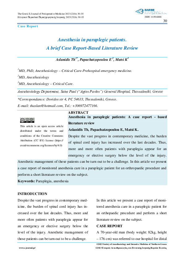 (PDF) Anesthesia in paraplegic patients. A brief Case Report-Based ...