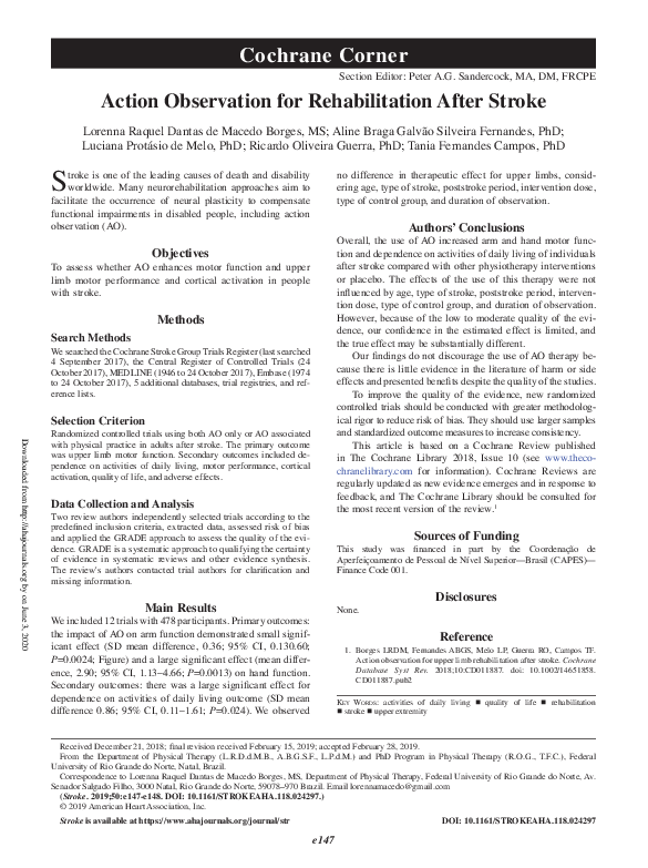 (PDF) Action Observation for Rehabilitation After Stroke