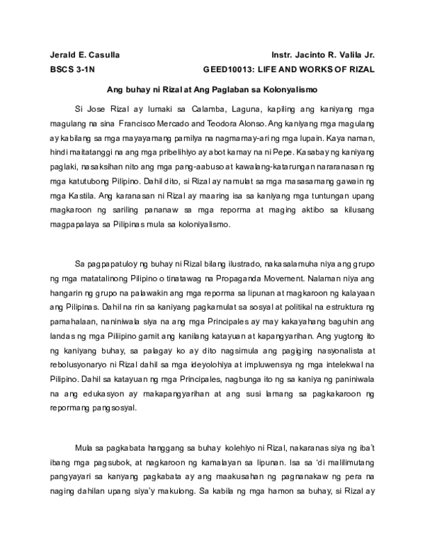 (PDF) Ang buhay ni Rizal at Ang Paglaban sa Kolonyalismo