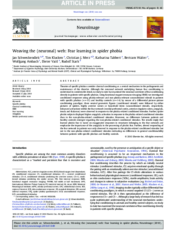 (PDF) Weaving the (neuronal) web: Fear learning in spider phobia