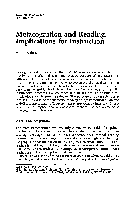 (PDF) Metacognition and Reading: Implications for Instruction