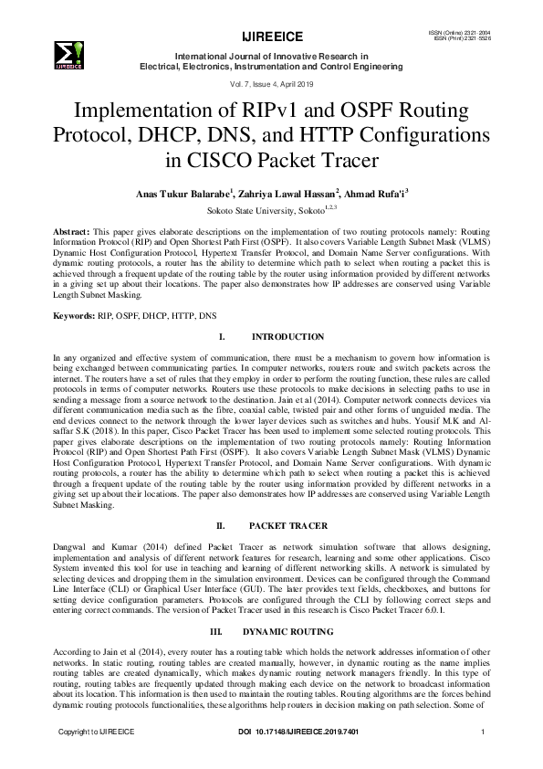 Pdf Implementation Of Ripv1 And Ospf Routing Protocol Dhcp Dns And Configurations In