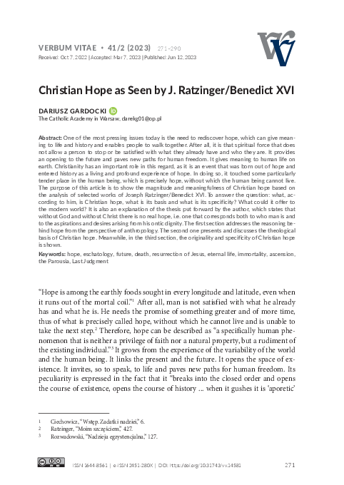 (PDF) Christian hope as seen by J. Ratzinger Benedict XVI
