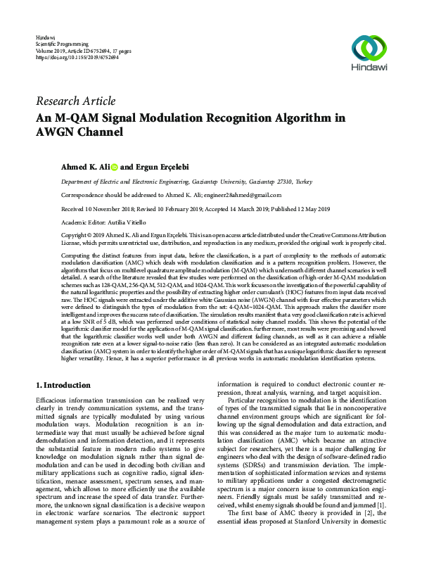 (PDF) An M-QAM Signal Modulation Recognition Algorithm in AWGN Channel