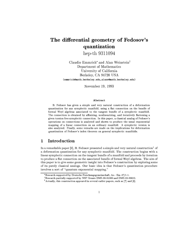 (PDF) The Differential Geometry of Fedosov’s Quantization | Claudio Emmrich - Academia.edu