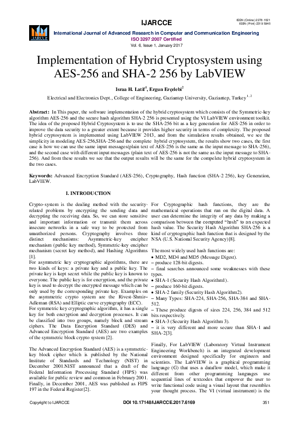 (PDF) Implementation of Hybrid Cryptosystem using AES-256 and SHA-2 256 by LabVIEW