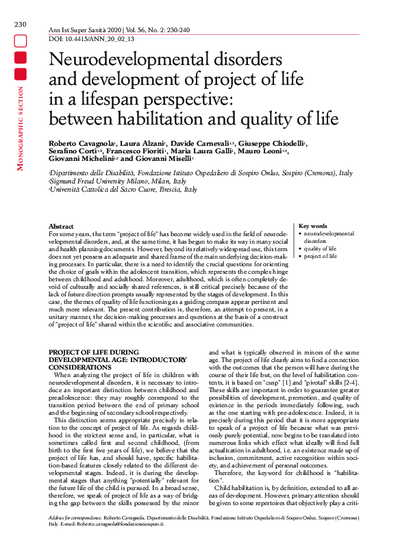 (PDF) Neurodevelopmental disorders and development of project of lifein a lifespan perspective ...