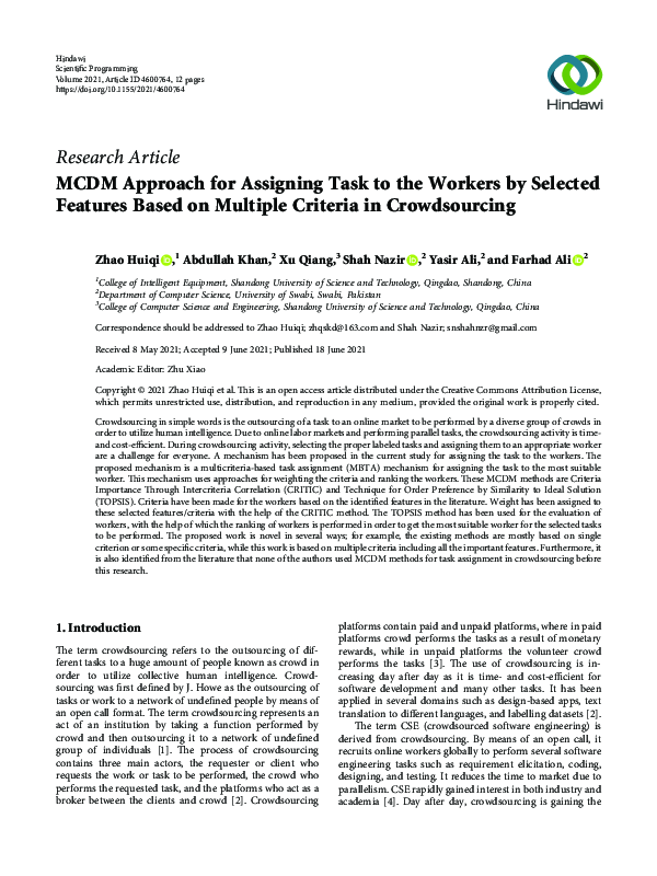 (PDF) MCDM Approach for Assigning Task to the Workers by Selected Features Based on Multiple ...