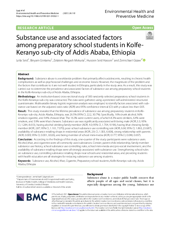 (PDF) Substance use and associated factors among preparatory school students in Kolfe-Keranyo ...