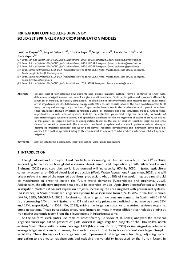 (PDF) Irrigation controllers driven by solid-set sprinkler and crop simulation models