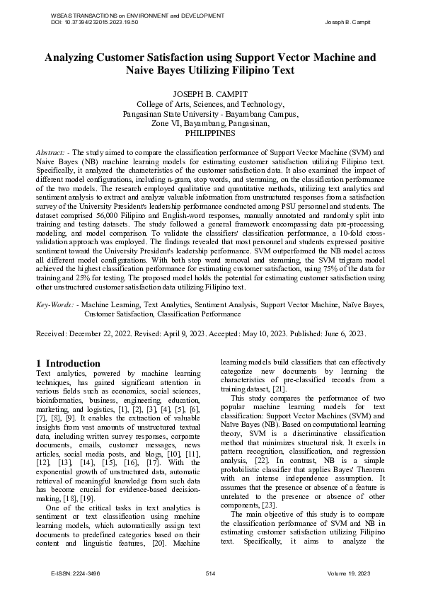 (PDF) Analyzing Customer Satisfaction using Support Vector Machine and Naive Bayes Utilizing ...
