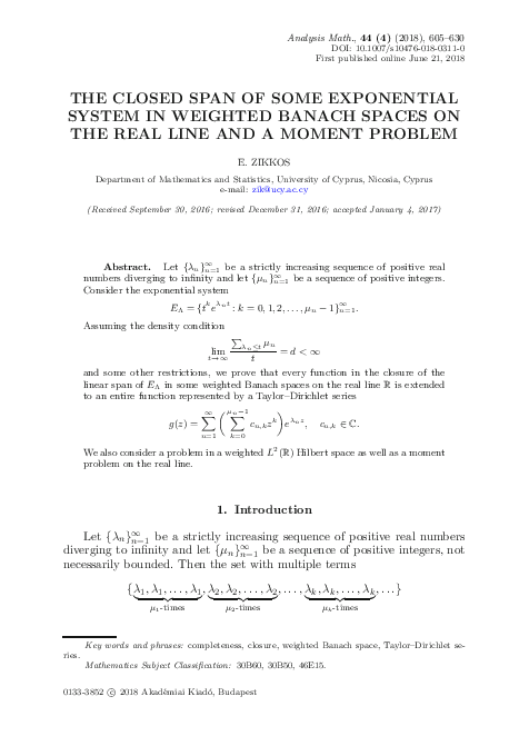 (PDF) The Closed Span of some Exponential System in Weighted Banach Spaces on the Real Line and ...