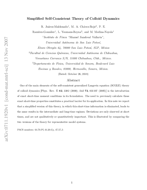 (PDF) Simplified self-consistent theory of colloid dynamics