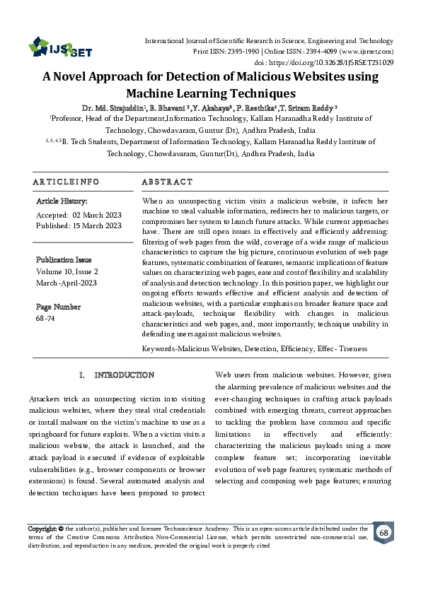 Pdf A Novel Approach For Detection Of Malicious Websites Using