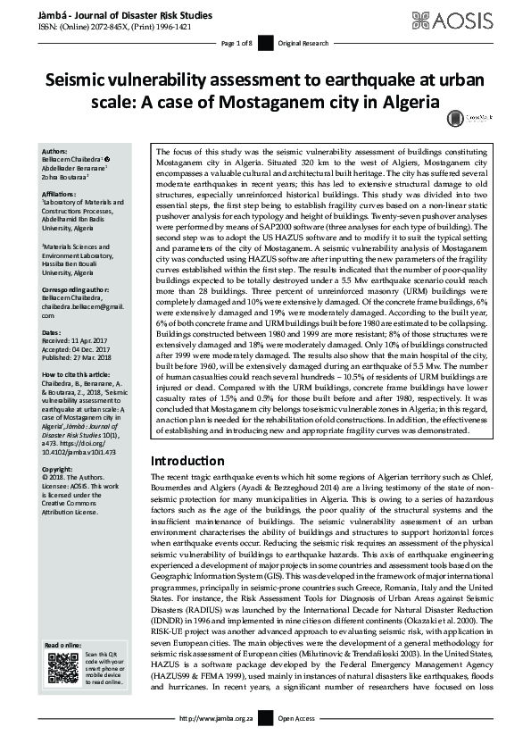 (PDF) Seismic vulnerability assessment to earthquake at urban scale: A case of Mostaganem city ...