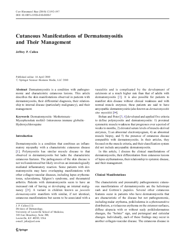 (PDF) Cutaneous manifestations of dermatomyositis and their management