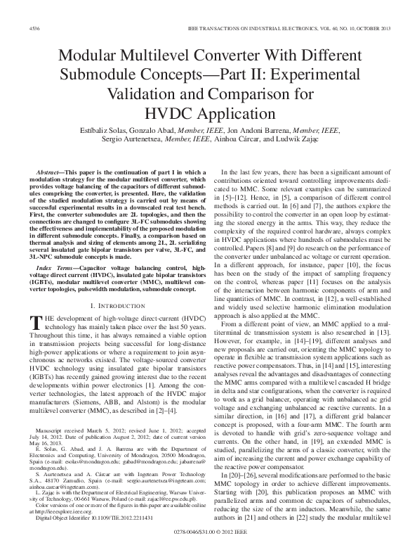 Pdf Modular Multilevel Converter With Different Submodule Concepts—part Ii Experimental