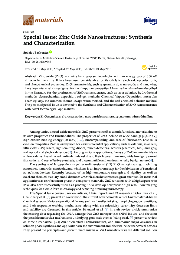 (PDF) Special Issue: Zinc Oxide Nanostructures: Synthesis and ... (PDF) Special Issue: Zinc Oxide Nanostructures: Synthesis and ...