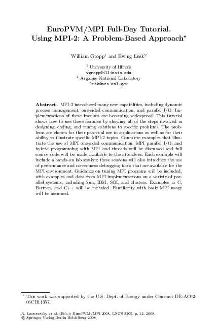 (PDF) EuroPVM/MPI Full-Day Tutorial. Using MPI-2: A Problem-Based Approach | W. Gropp - Academia.edu