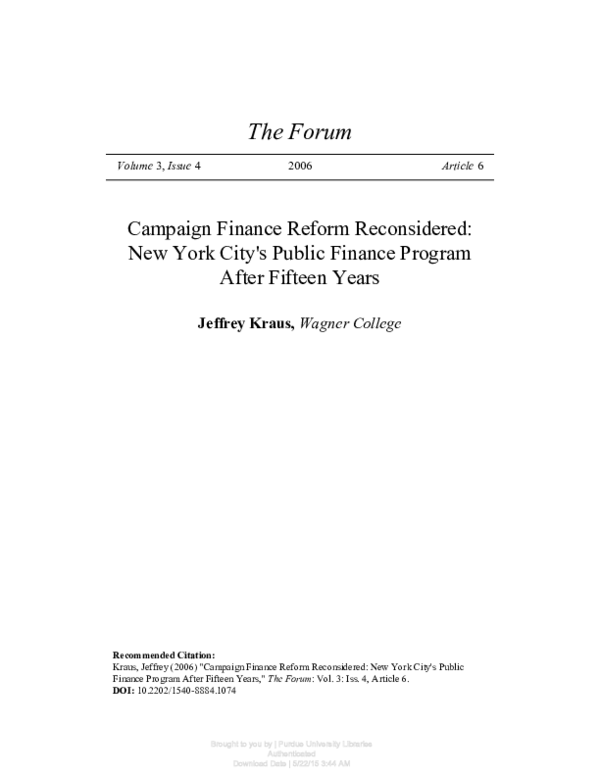 (PDF) Campaign Finance Reform Reconsidered: New York City's Public ...