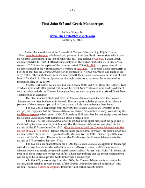 (DOC) First John 5:7 and Greek Manuscripts