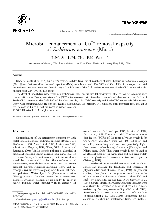 (PDF) Microbial enhancement of Cu2+ removal capacity of Eichhornia crassipes (Mart.)