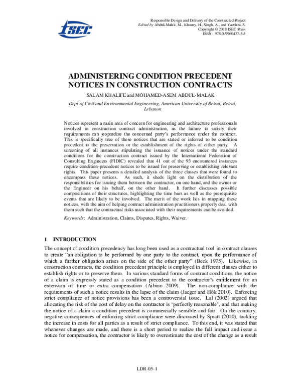 (PDF) Administering Condition Precedent Notices in Construction Contracts