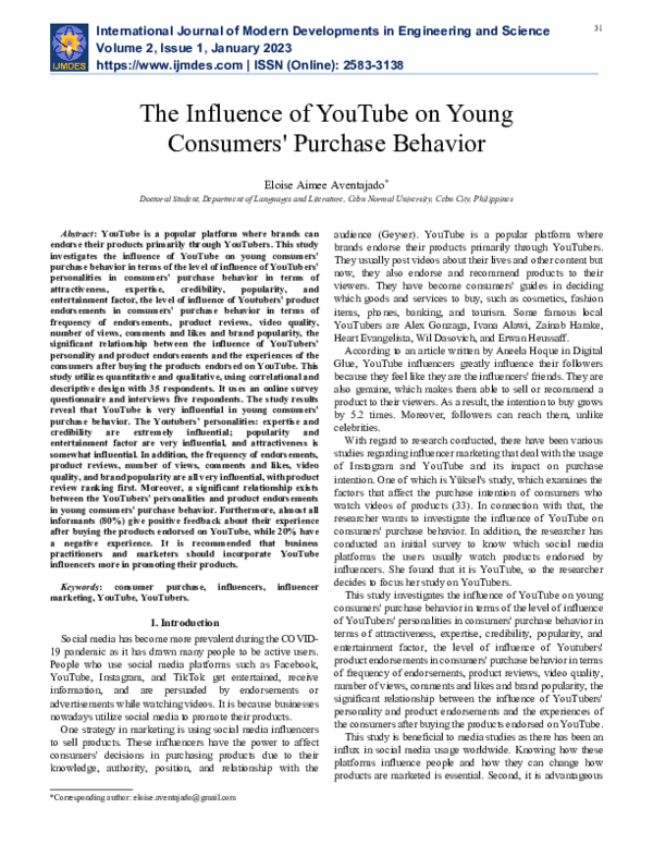 (PDF) The Influence of YouTube on Young Consumers' Purchase Behavior