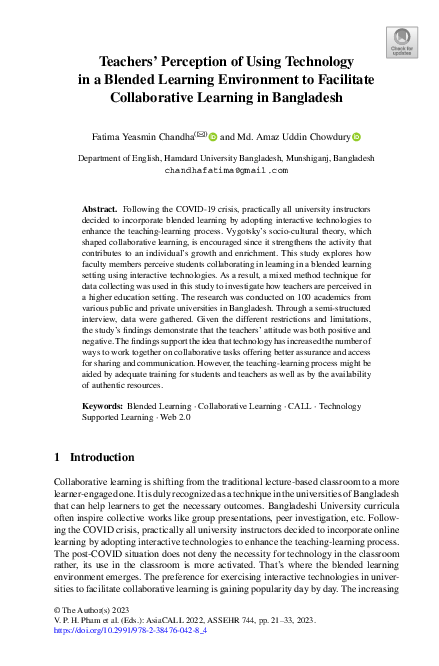(PDF) Teachers’ Perception of Using Technology in a Blended Learning Environment to Facilitate ...
