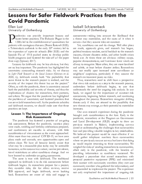 (PDF) Lessons for safer fieldwork practices from the covid pandemic