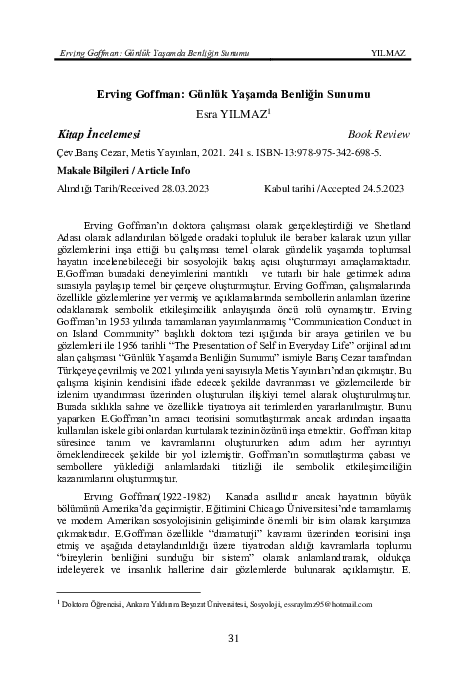 (PDF) Erving Goffman: Günlük Yaşamda Benliğin Sunumu