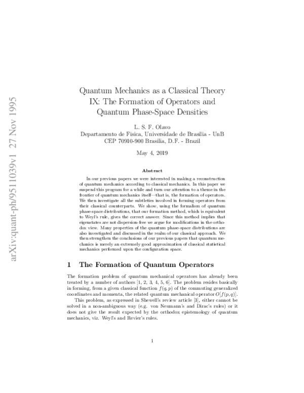 (PDF) Quantum Mechanics as a Classical Theory IX: The Formation of Operators and Quantum Phase ...