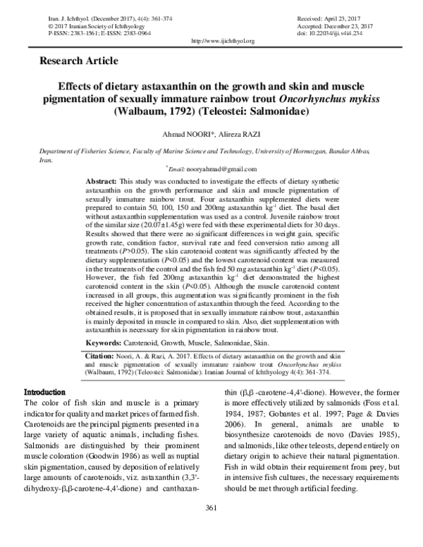 (PDF) Effects of dietary astaxanthin on the growth and skin and muscle pigmentation of sexually ...