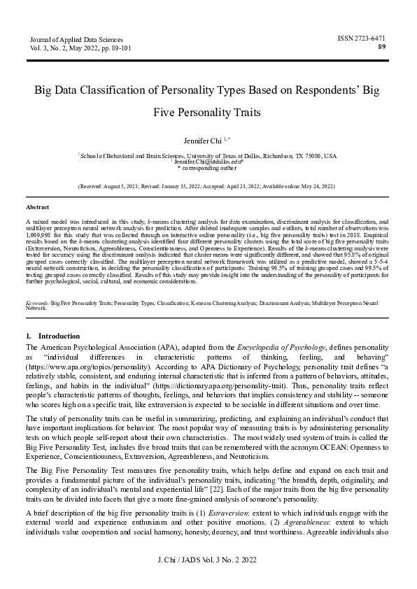 (PDF) Big Data Classification of Personality Types Based on Respondents ...