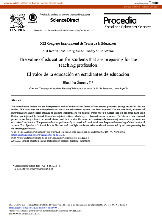(PDF) The Value of Education for Students that are Preparing for the ...