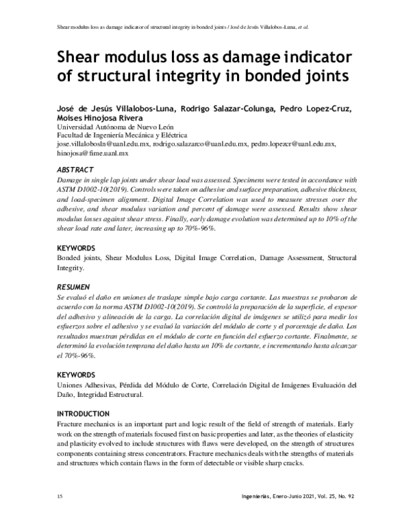 (PDF) Shear modulus loss as damage indicator of structural integrity in bonded joints